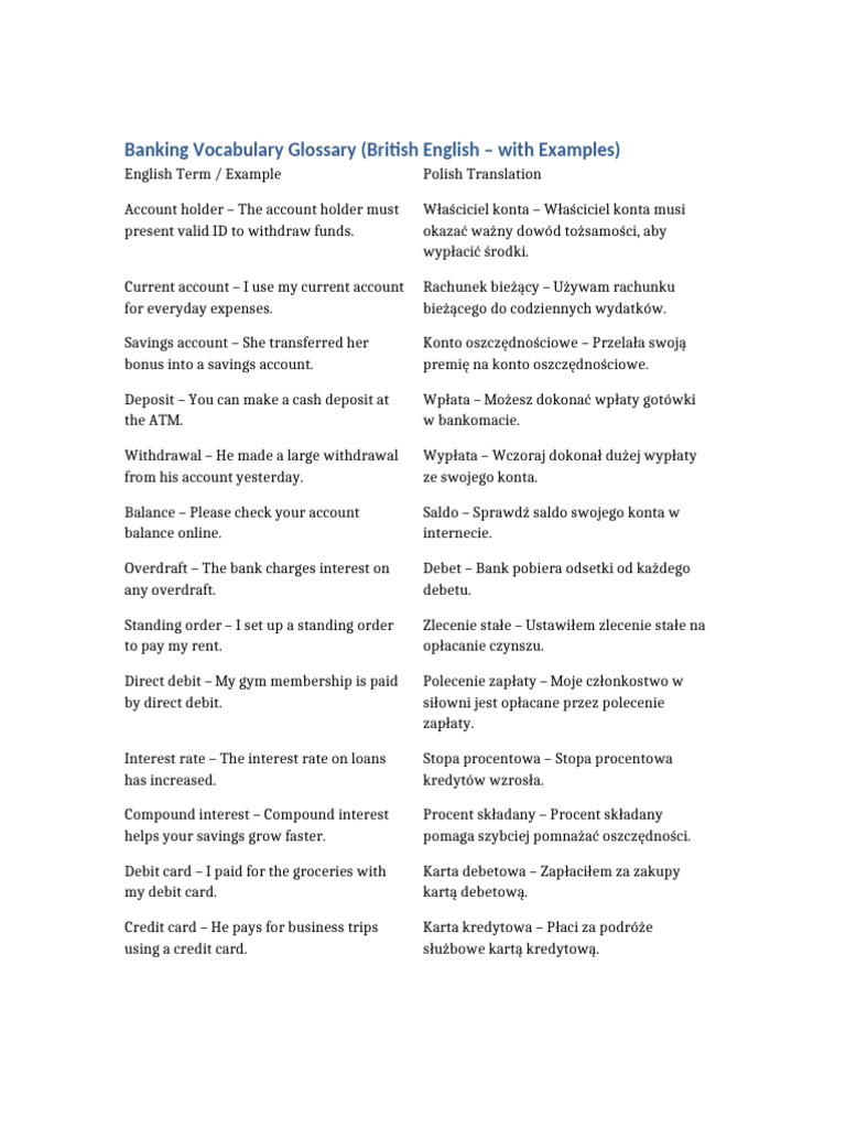 Banking Vocabulary Glossary | PDF
