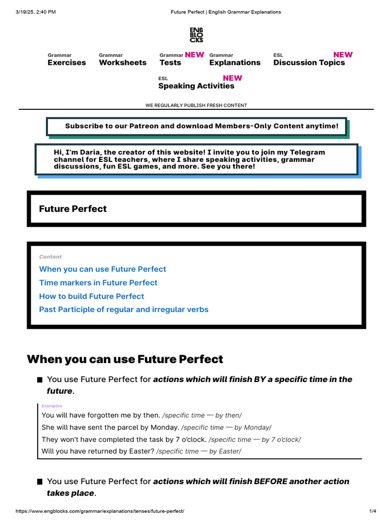 Future Perfect - English Grammar Explanations | PDF | Perfect (Grammar ...