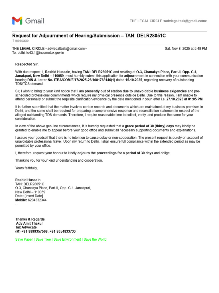 Request for Hearing Adjournment - TDS | PDF | Justice | Crime & Violence