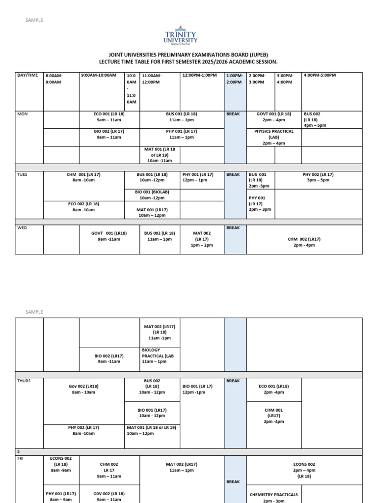 Jupeb First Semester Lecture Time Table 2025 2026. Updated | PDF