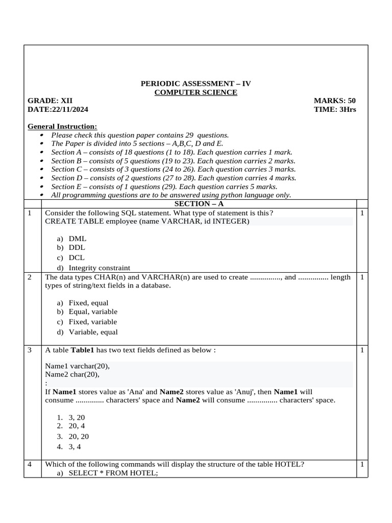Periodic Assessment 4 Xii Cs | PDF | Computing | Data Model