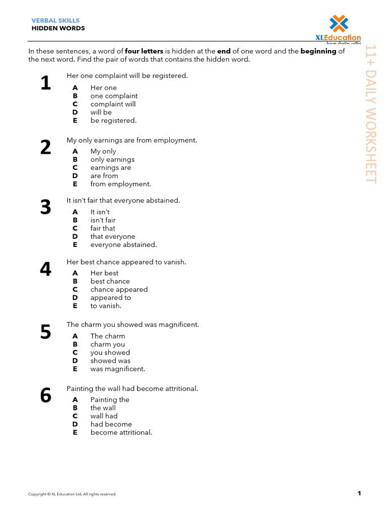 048 Week10 XLEducation Daily Worksheet VR 05112025 | PDF