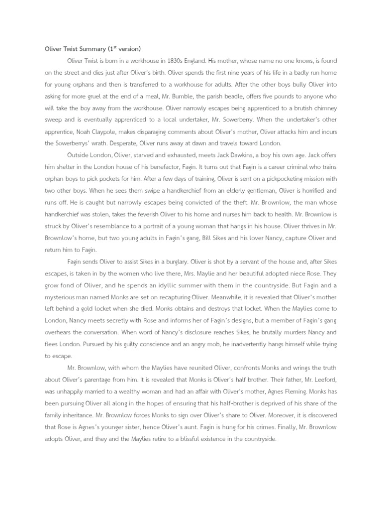 Oliver Twist Summary | PDF | Oliver Twist | Fagin