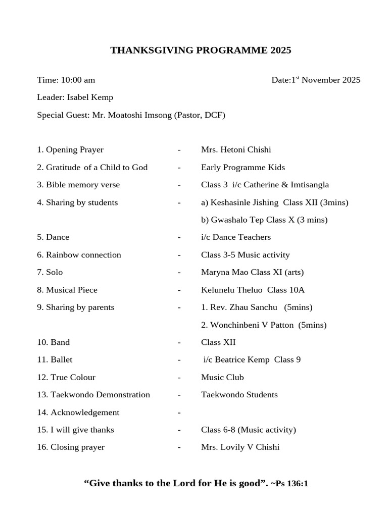 Thanksgiving Programme 2025 Details | PDF