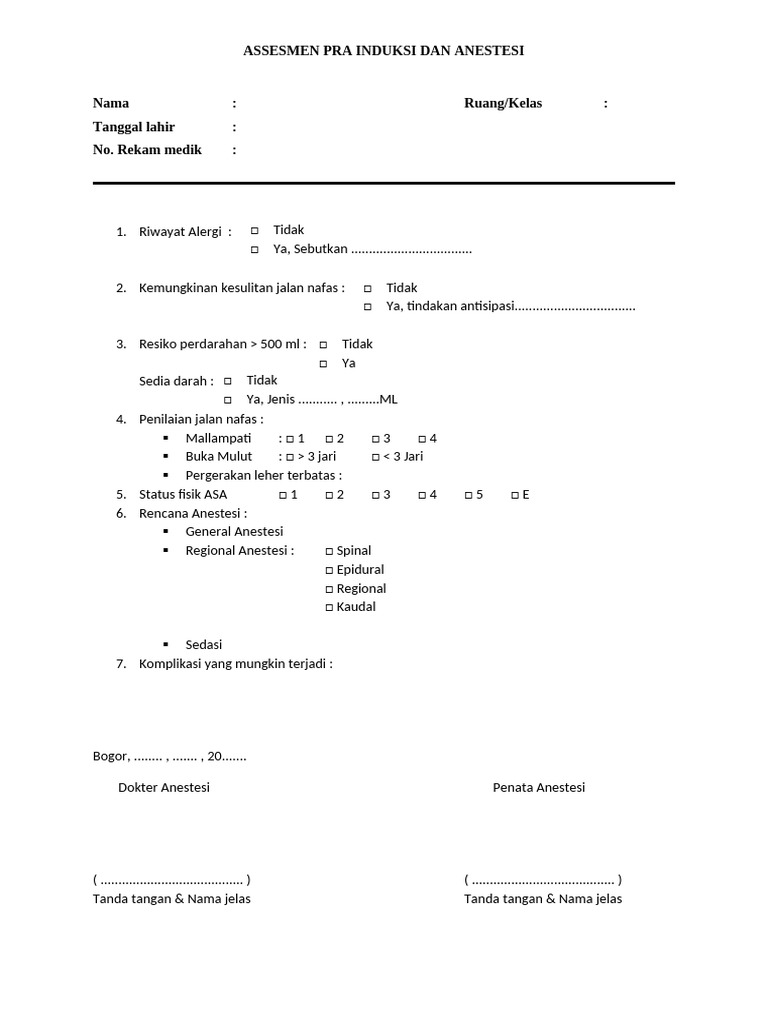 FORM Assesmen Pra Induksi Dan Sedasi | PDF