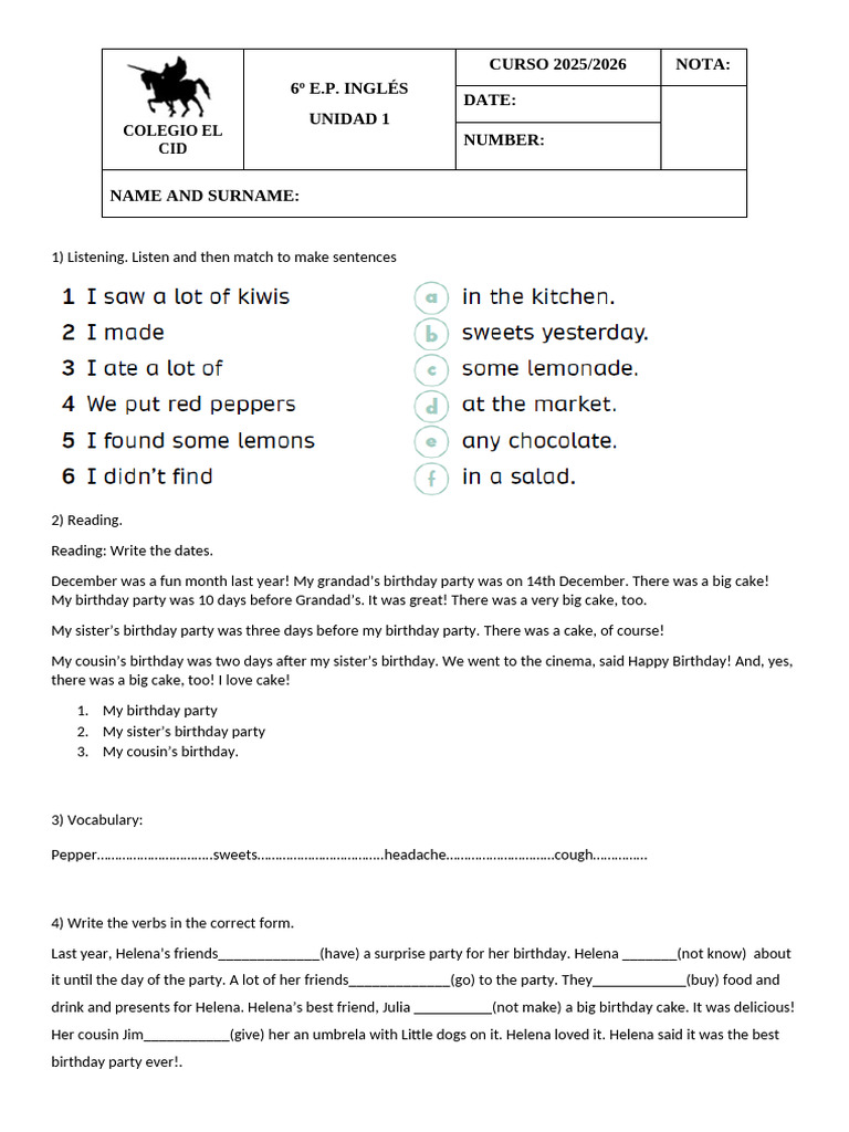 6th Grade English Unit 1 Activities | PDF | Western Cuisine | Food And ...