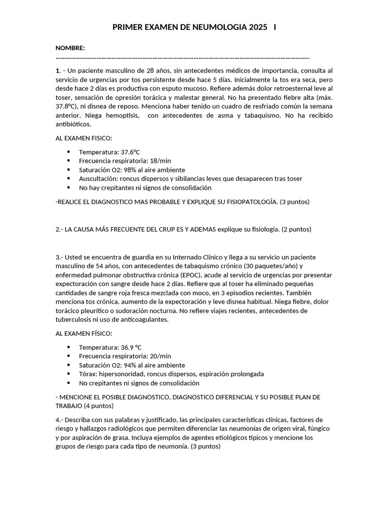 Examen de Neumología 2025: Diagnósticos y Tratamientos | PDF | Tos ...