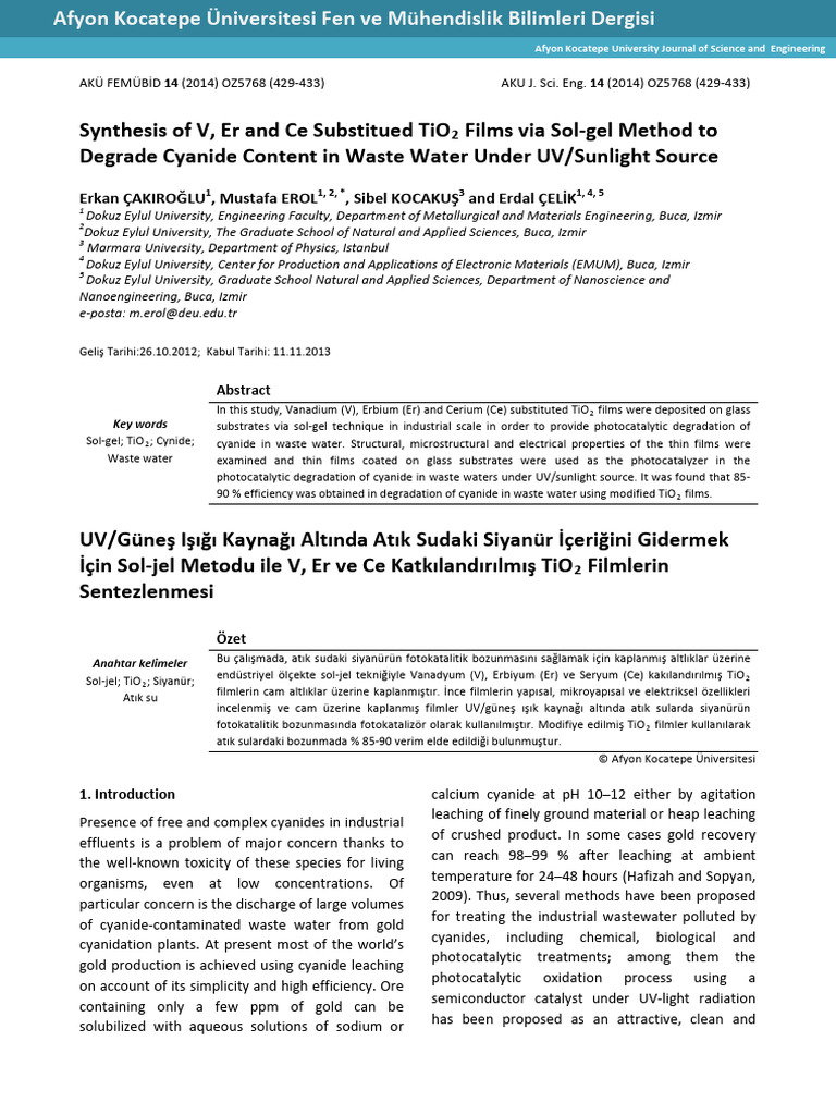 Synthesis of V, Er and Ce Substitued Tio Films Via Sol-Gel Method To ...