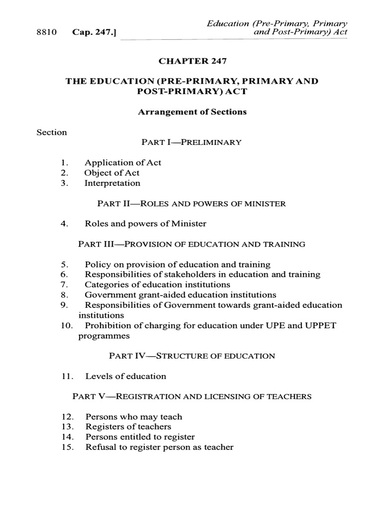 Education (Pre-Primary, Primary and Post-Primary) Act Cap 247 | PDF ...