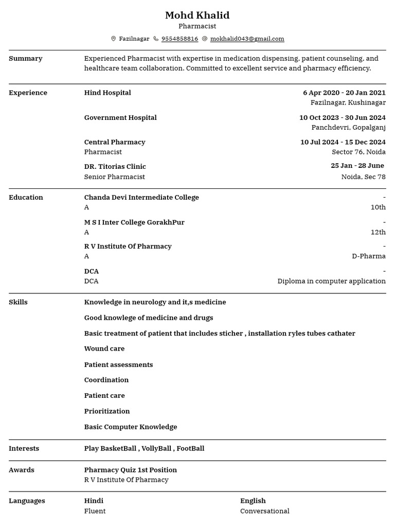 Mohd Khalid CV | PDF | Pharmacy | Pharmacist
