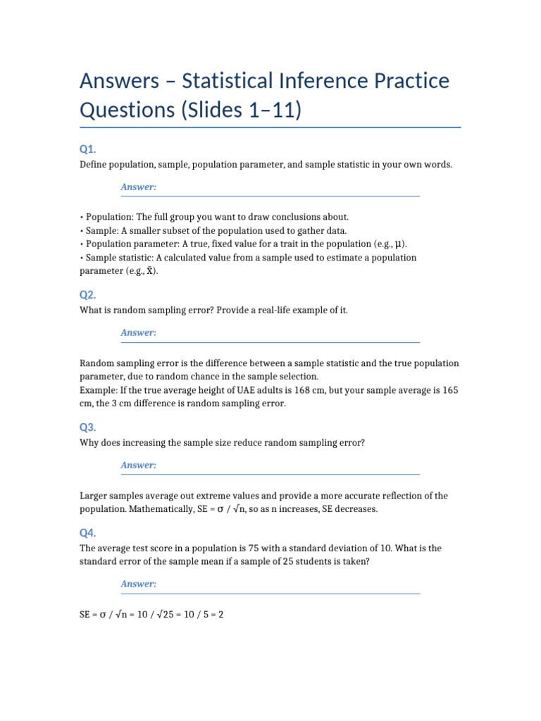 Statistical Inference Slides1-11 Answers | PDF