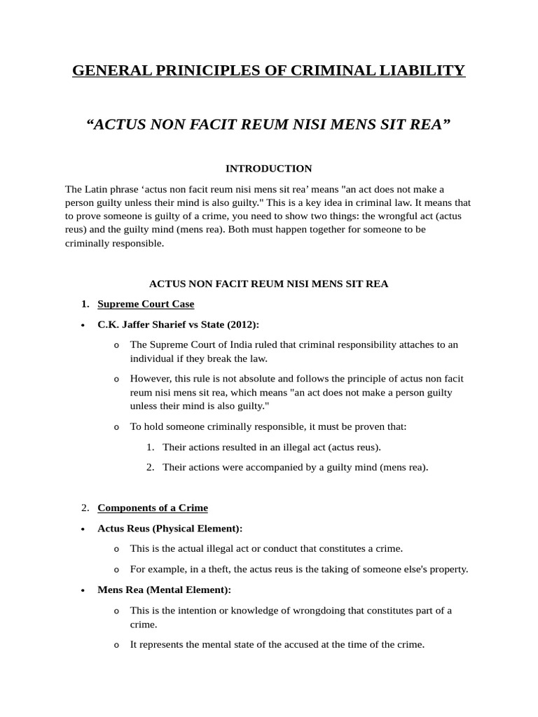 GENERAL PRINCIPLE OF CRIMINAL LIABILITY | PDF | Mens Rea | Insanity Defense