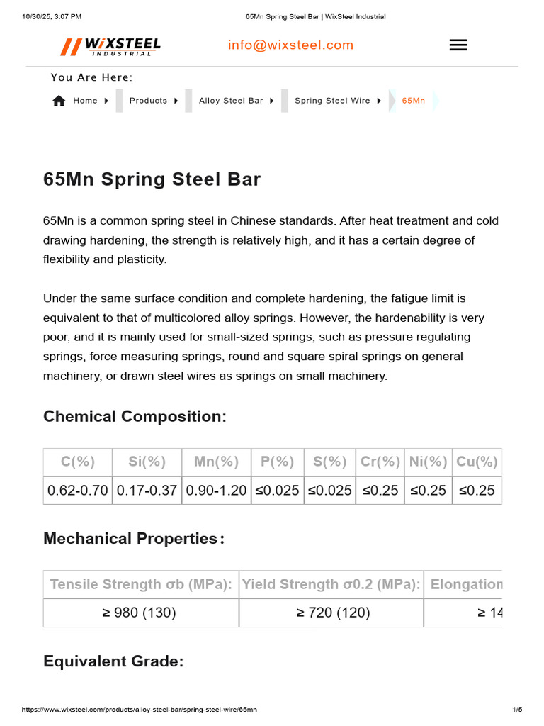 65Mn Spring Steel Bar Specifications | PDF | Heat Treating | Steel