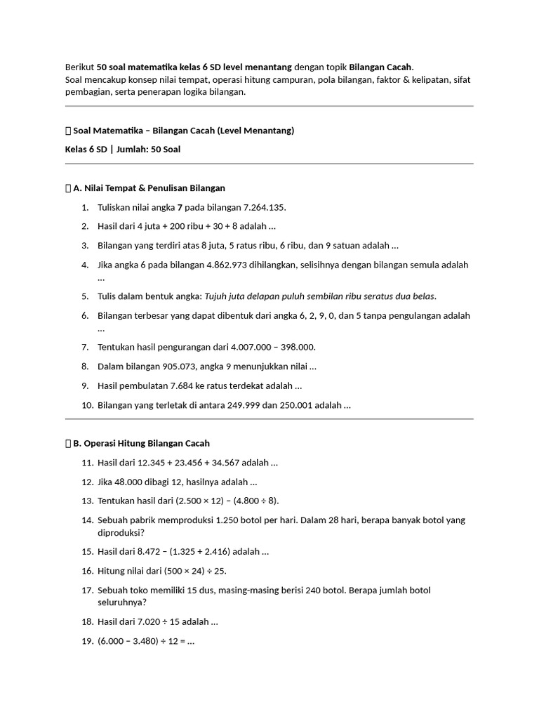 AI Latihan Soal Math BILANGAN CACAH Kelas 6 | PDF