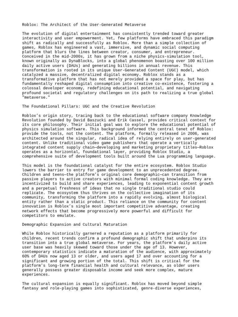 Roblox: User-Generated Metaverse Revolution | PDF