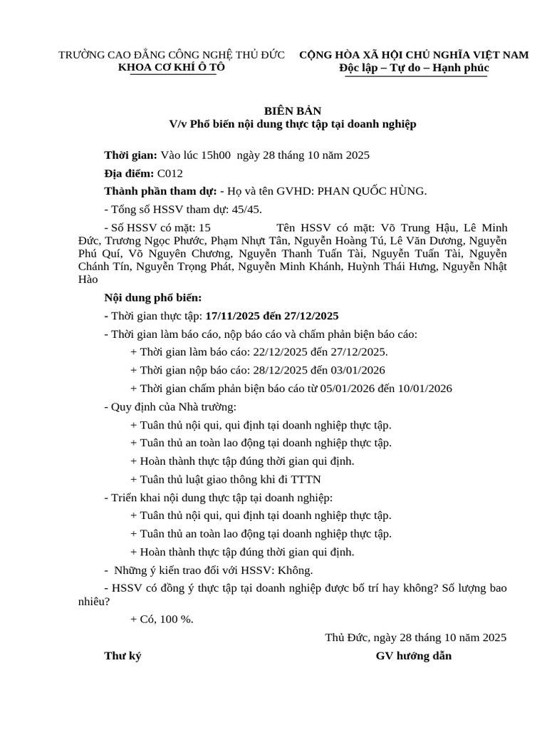 Bien Ban Pho Bien Noi Dung Thuc Tap Tai Doanh Nghiep | PDF