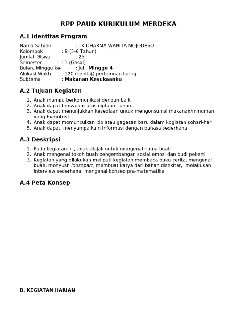 RPP PAUD Kurikulum Merdeka TK Dharma Wanita | PDF