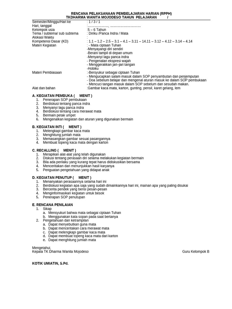 RPPH TK-B SMT1 Minggu_03 - Lima Panca Indra | PDF