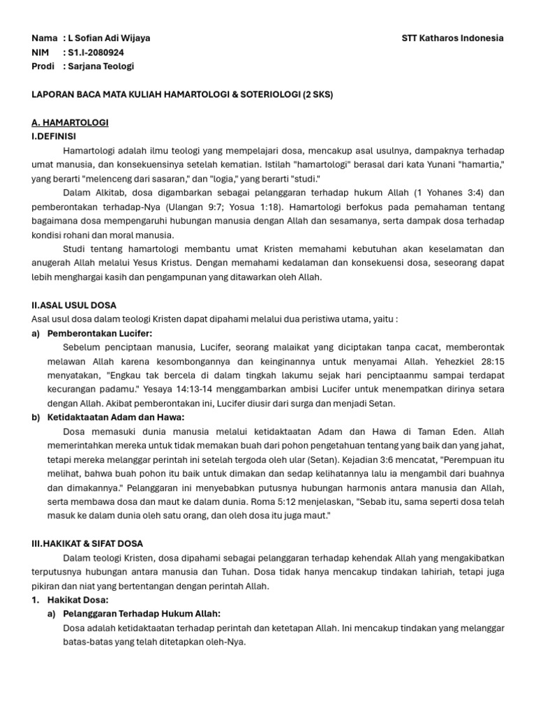 Laporan Baca Hamartologi & Soteriologi_l Sofian Adi Wijaya | PDF