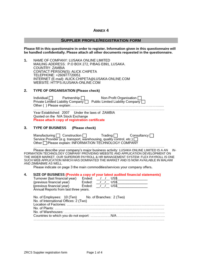 Annex 3 Supplier Registration Form | PDF | Business Ethics