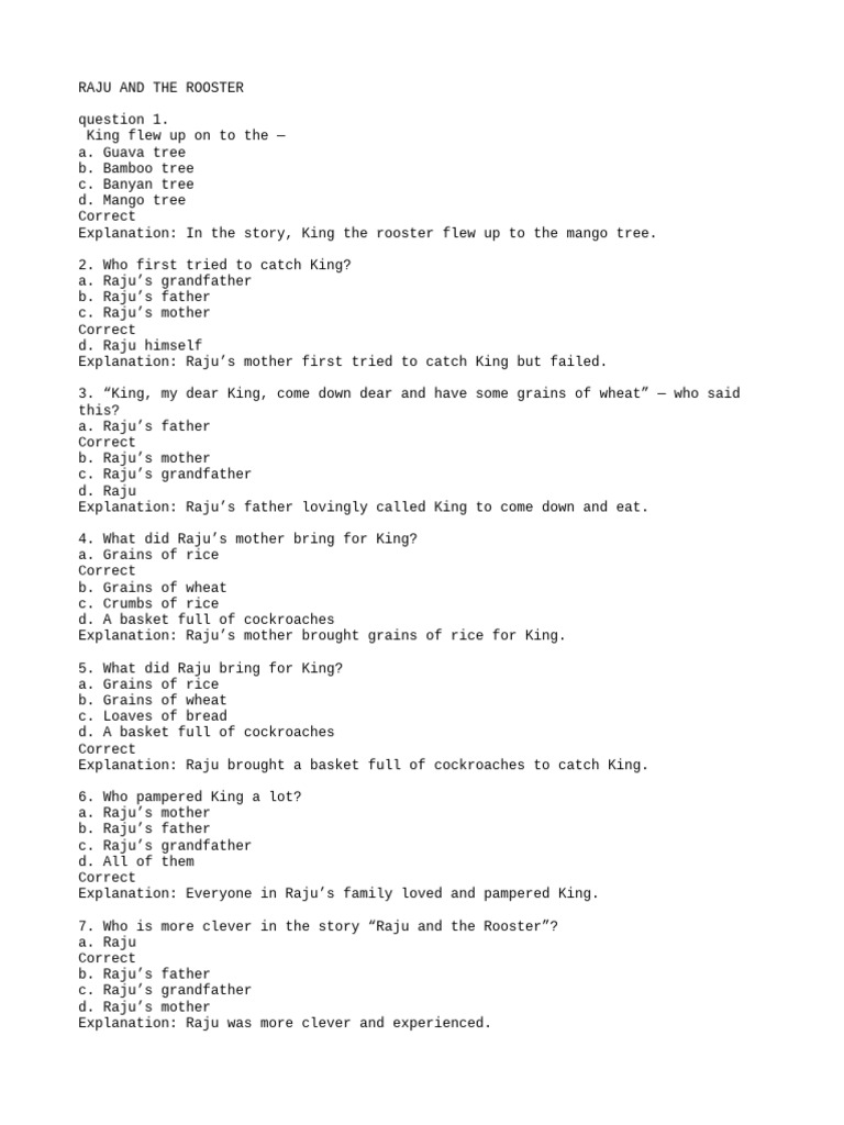 Raju and the Rooster Quiz Questions | PDF | Chicken | Chess Openings