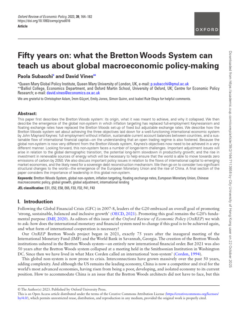 Fifty Years On - What The Bretton Woods System Can Teach Us About Global Macroeconomic Policy ...