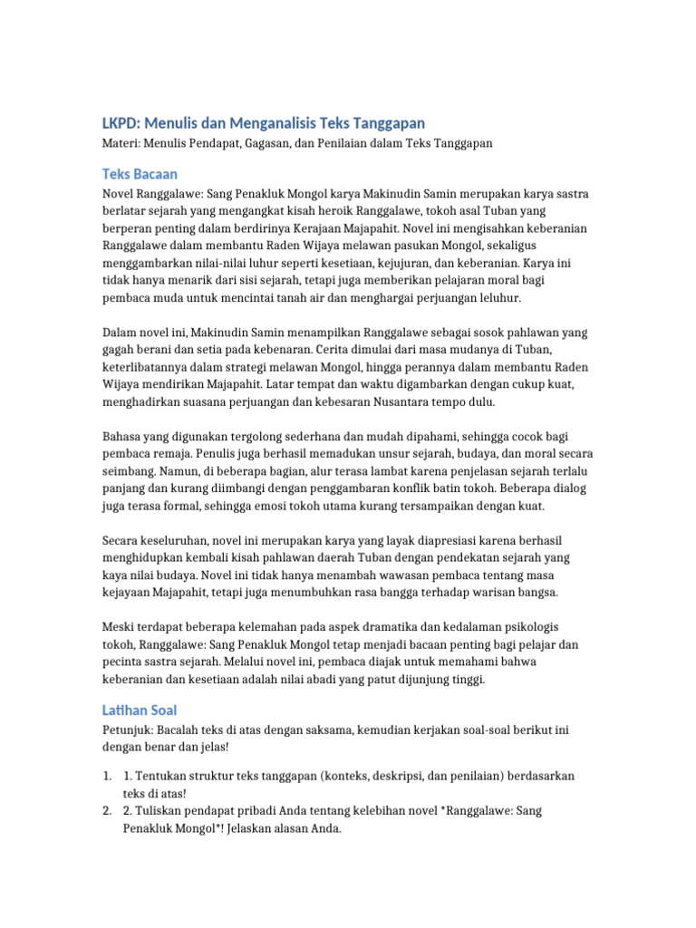 Analisis Novel Ranggalawe: Teks Tanggapan | PDF
