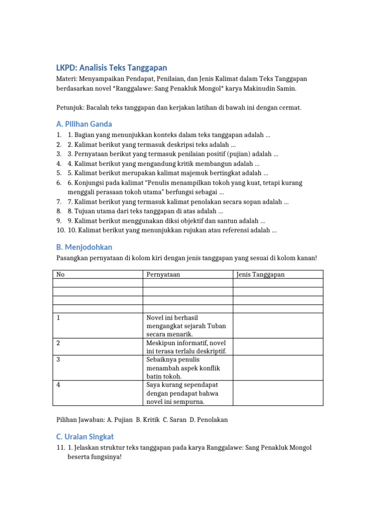 Analisis Teks Tanggapan Novel Ranggalawe | PDF