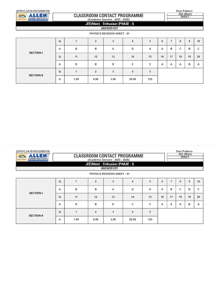 0310_Kinematics (U & D, 1D, 2D, Relative) Revision Sheet -01 Answers ...