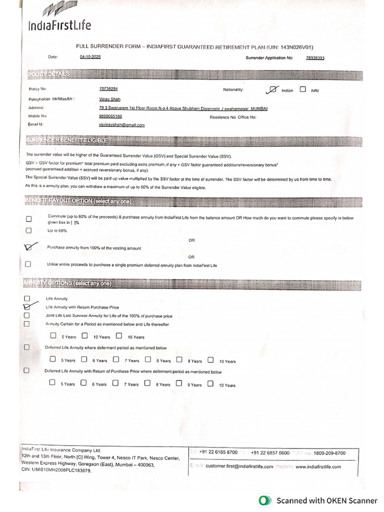 Vinay Shah Surrender Form | PDF