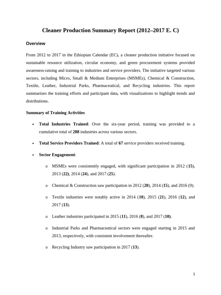 Cleaner Production Summary Report 2012-2017 E.C Final | PDF | Chart ...