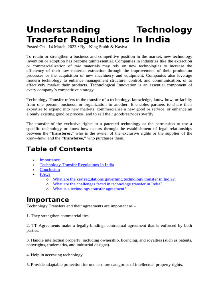 Understanding Technology Transfer Regulations in India | PDF ...