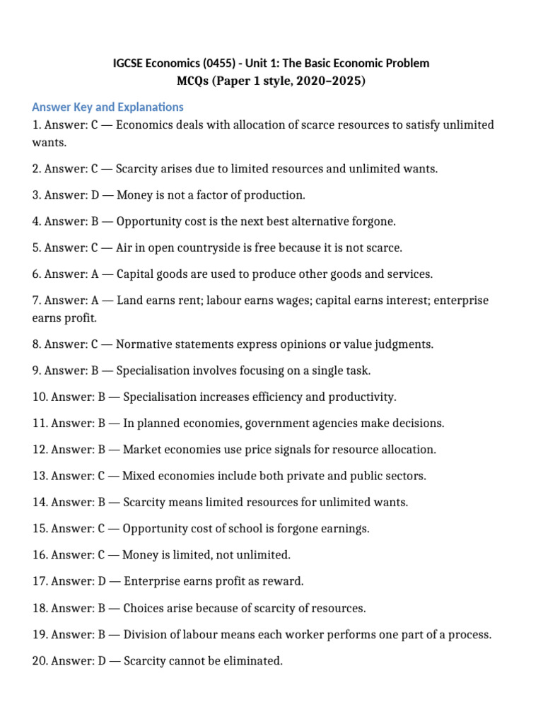 IGCSE - Economics - 0455 - Unit1 - PastMCQ - MS | PDF | Opportunity ...