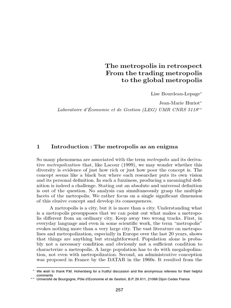 The Metropolis in Retrospect From the Trading Metropolis to the Global ...
