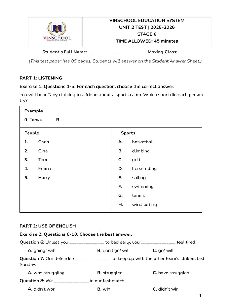 Vinschool Stage 6 Unit 2 Test 2025-2026 | PDF | Swimming (Sport)