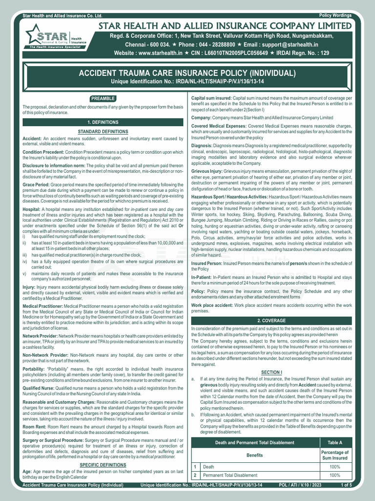 Accident Trauma Care Insurance Policy | PDF | Insurance | Medicine