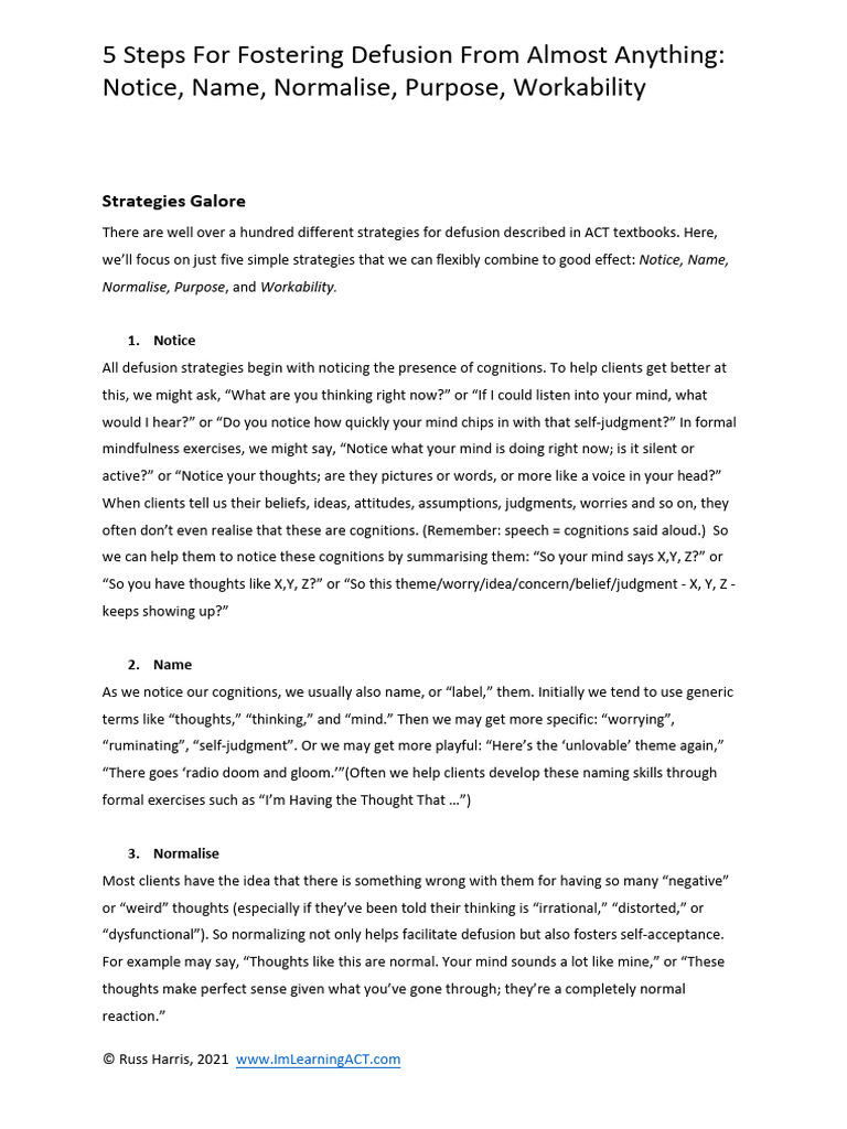 5 Steps to Cognitive Defusion Techniques | PDF | Thought | Mind