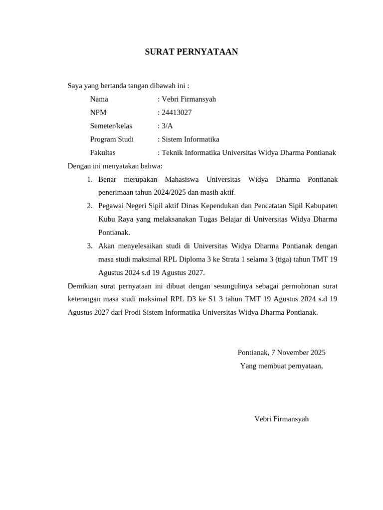 Surat Pernyataan Untuk Tugas Belajar | PDF