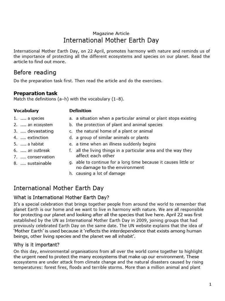 Reading Comprehension Magazine Article International Mother Earth Day ...