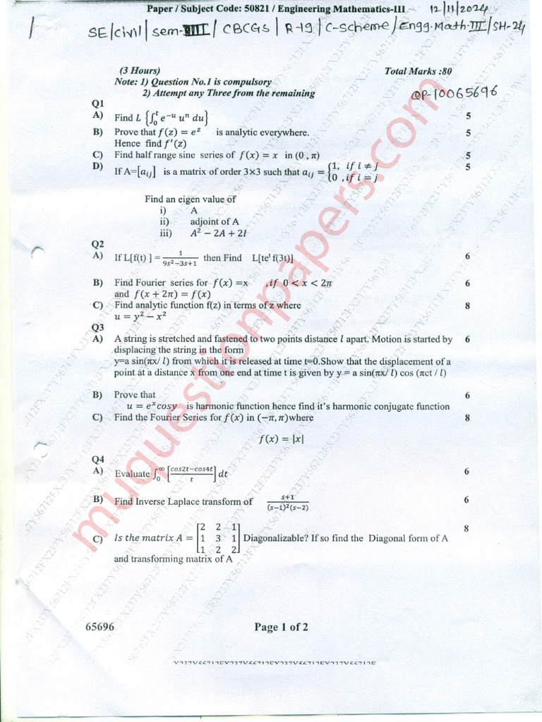 Be Civil Engineering Semester 3 2024 December Engineering Mathematics ...