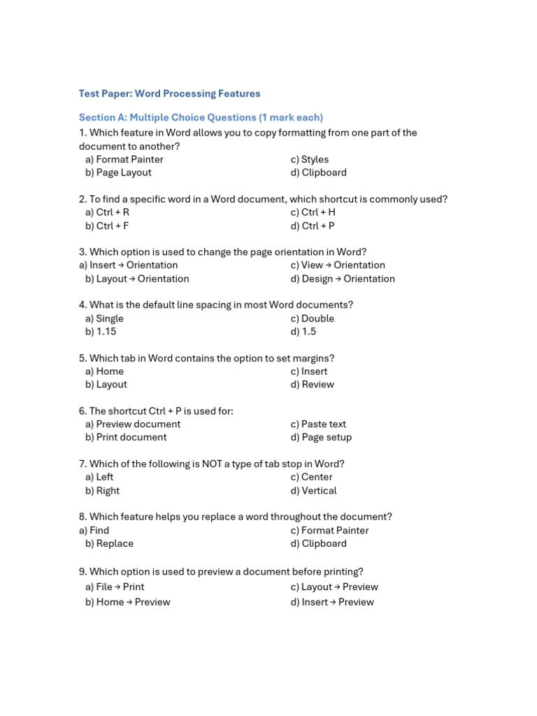 Class 4 Word - Features - Test - Paper | PDF | Paragraph | Text
