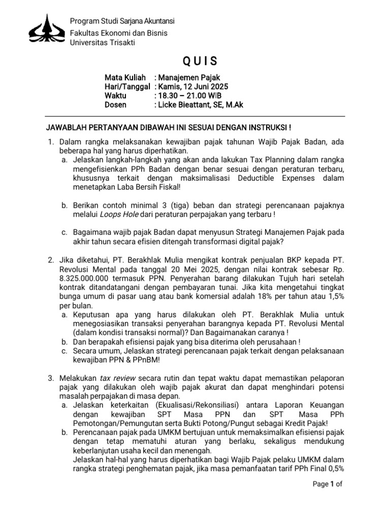 S1_MANAJEMEN PAJAK_QUIS BEFORE UAS_2025 | PDF