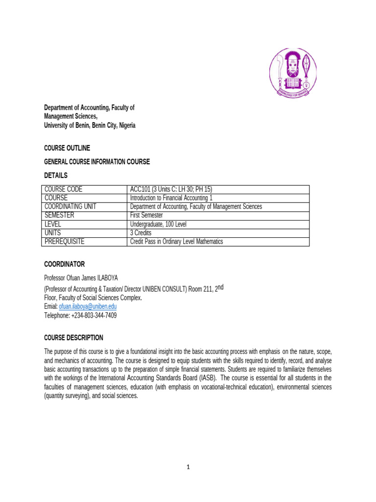 ACC111 Course Outline 2024 | PDF | Accounting | International Financial ...