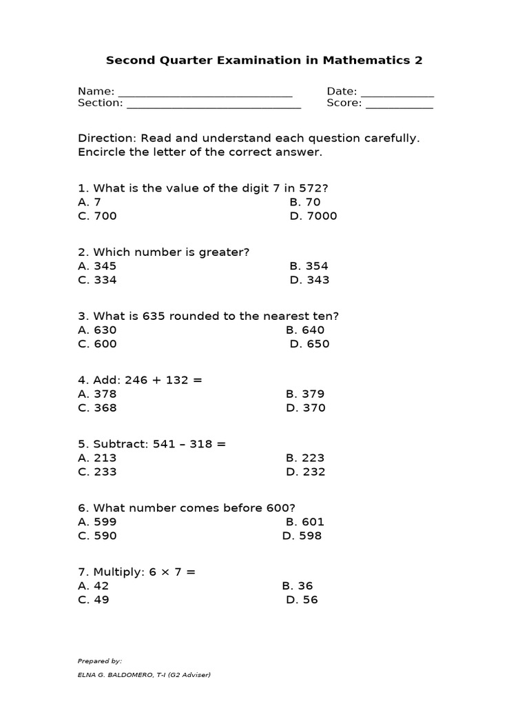 Math 2 Second Quarter Exam Questions | PDF
