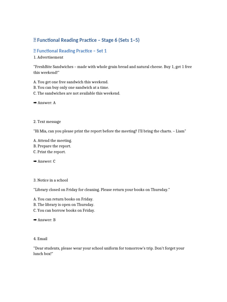 Functional Reading Practice Stage6 Full | PDF