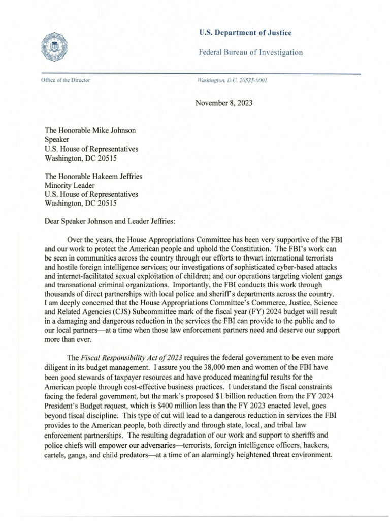 Wray Budget Reduction Letter 110823 | PDF | Federal Bureau Of Investigation | American Government