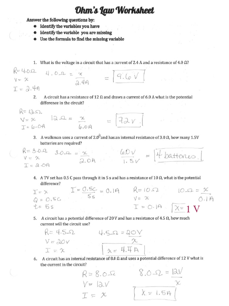 Ohms Law Worksheet Page 1 Ak | PDF