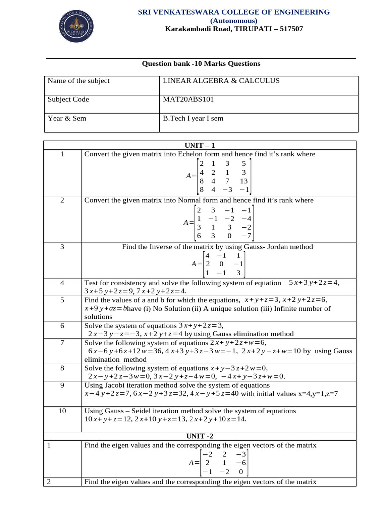La & C (r23) Question Bank Modified 2023-2024 | PDF | Eigenvalues And ...