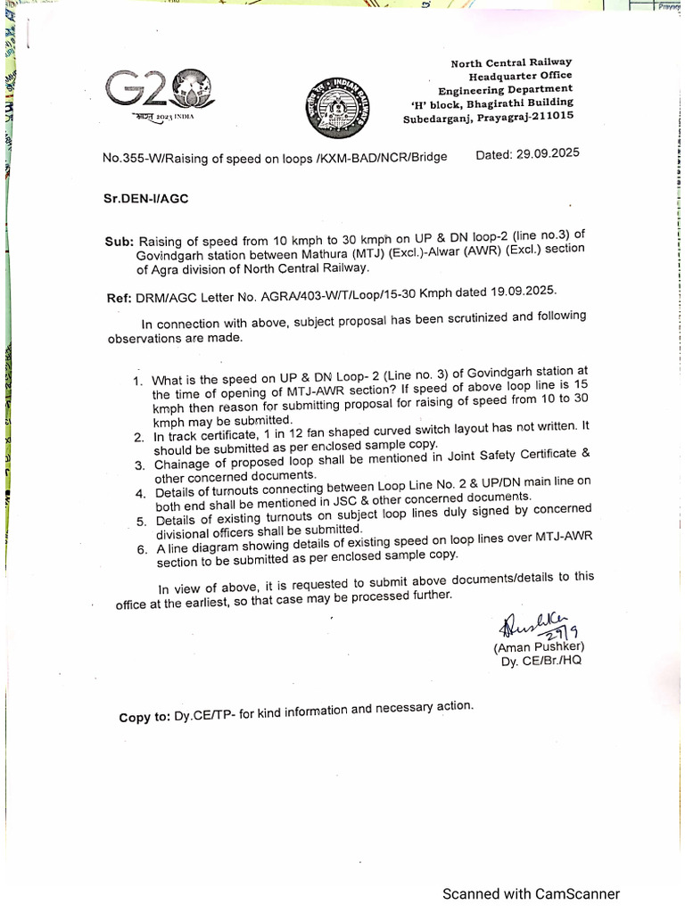 Observation Letter of Govindgarh Loops of MTJ-AWR Section | PDF