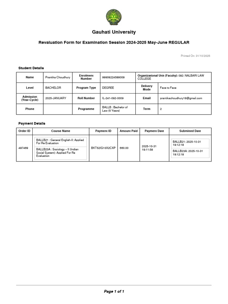 Single Row Wise PDF For BALLB - Bachelor of Law (5 Years) | PDF